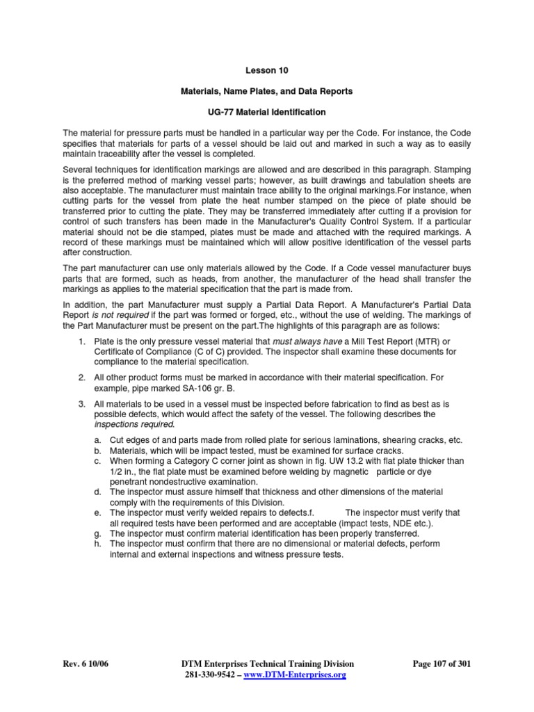 Lesson 10 Materials, Name Plates, and Data Reports UG-77 Material ...