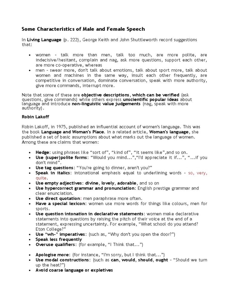 Some Characteristics of Male and Female Speech | PDF | Linguistics ...