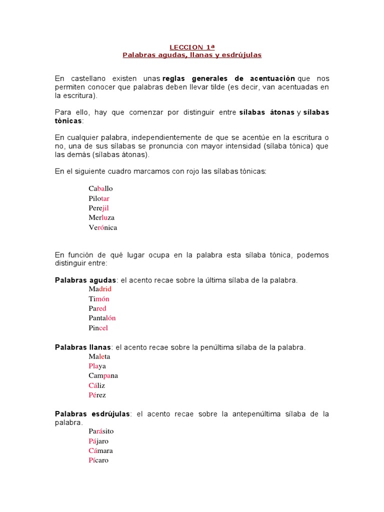 Ejercicios de Acentuación - Agudas, Llanas y Esdrújulas | PDF | Sílaba ...