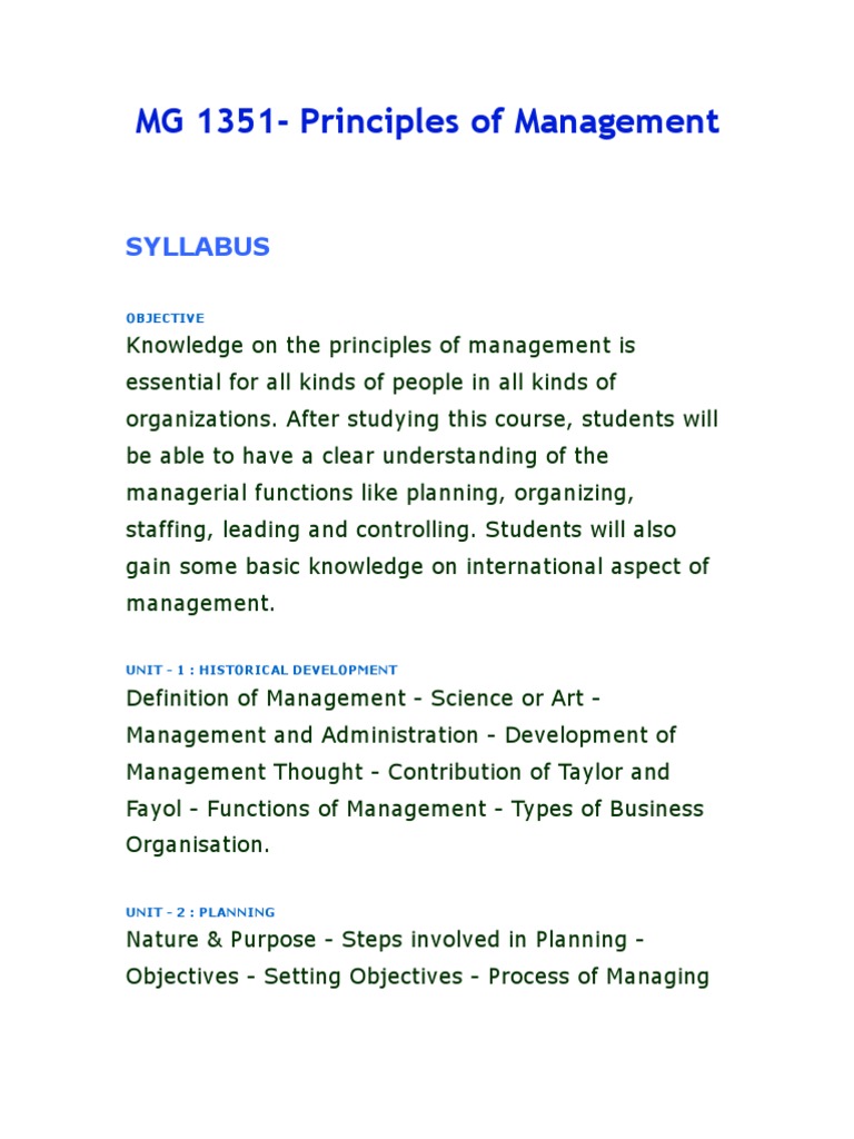 MG 1351 PRINCIPLES OF MANAGEMENT SYLLABUS For Sixth Semester Anna ...
