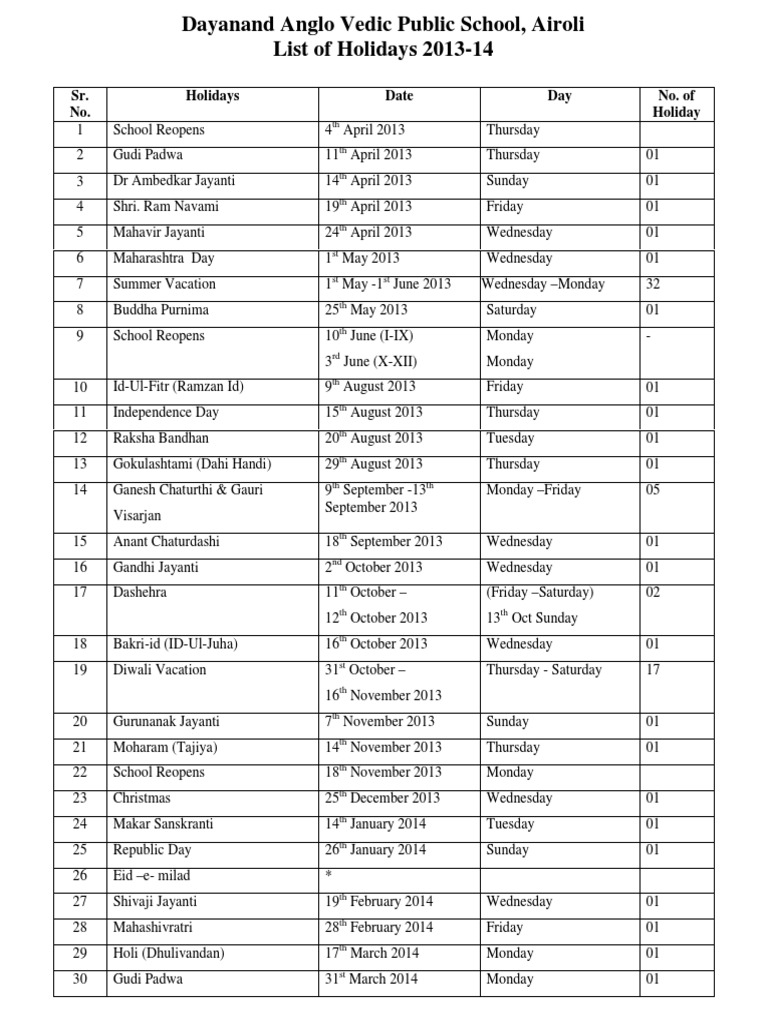 DAV Holiday List 13-14 | Holidays | Religious Holidays