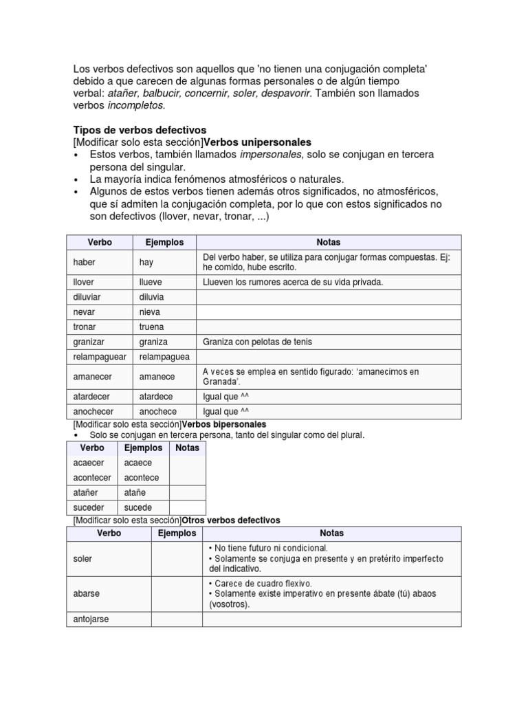 Los Verbos Defectivos e Irregulares | PDF | Conjugación gramatical | Verbo