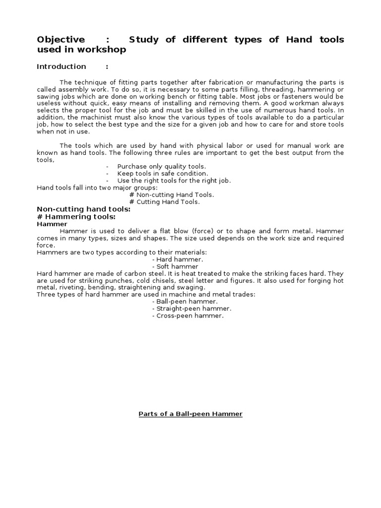 Exp-01-Study of Different Types of Hand Tools Used in Workshop | PDF ...