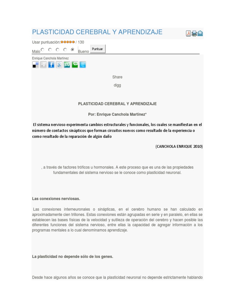 Plasticidad Cerebral y Aprendizaje | PDF | Neuroplasticidad | Sinapsis
