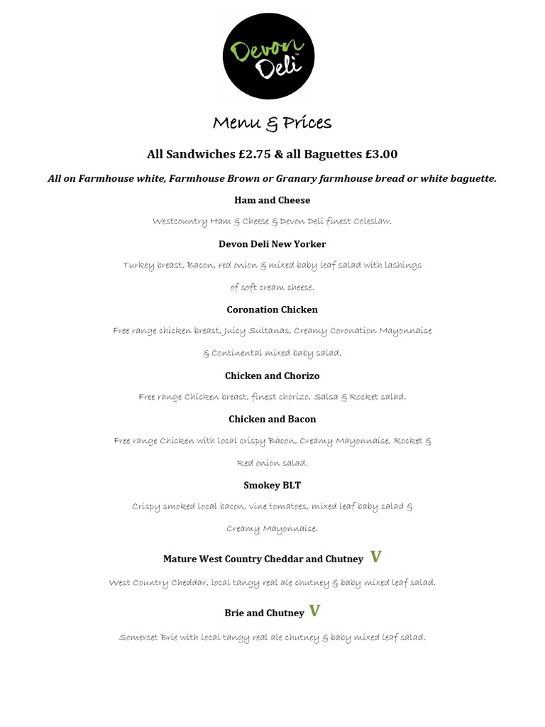 Sandwiches and Baguettes Menu Prices | PDF