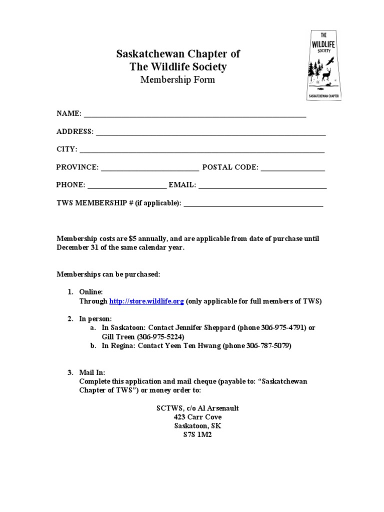 Saskatchewan Wildlife Society Membership Form | PDF