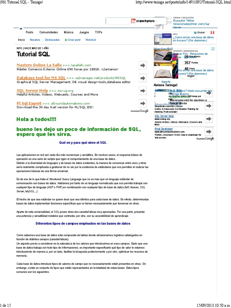 Tutorial SQL - Taringa! | PDF | SQL | Tabla (base de datos)
