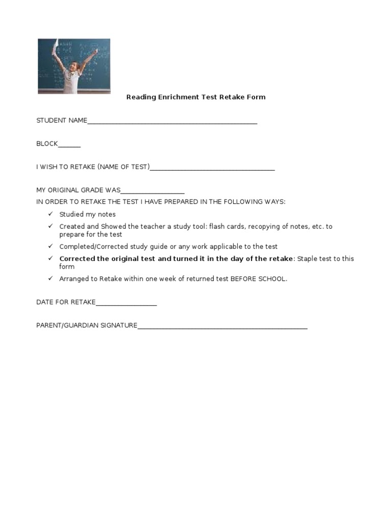 Test Retake Form | PDF | Learning | Behavior Modification