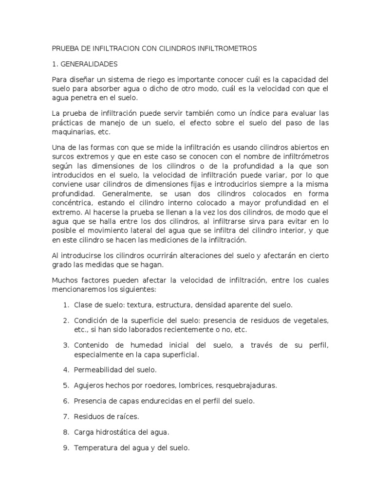 Infiltracion Con Cilindros Infiltrometros | PDF | Suelo | Velocidad