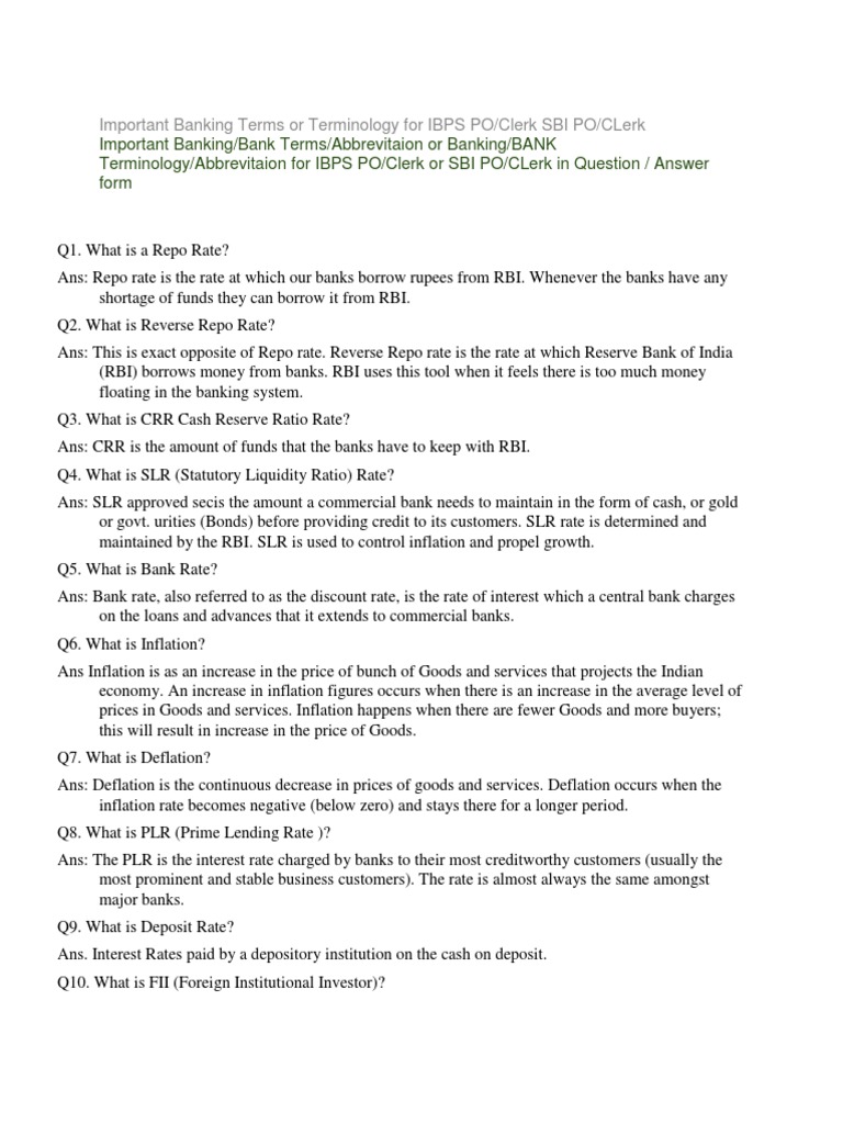 Important Banking Terminology For IBPS PO | Download Free PDF | Reserve ...