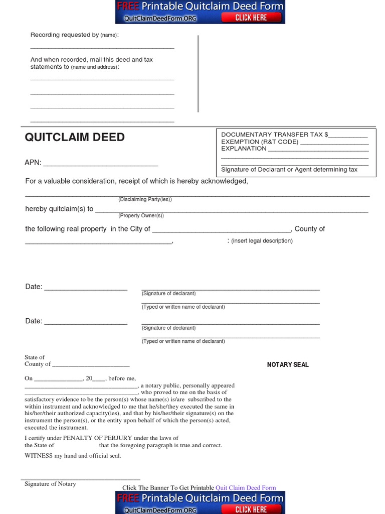 Free Quit Claim Deed Form PDF Sample | PDF | Deed | Notary Public