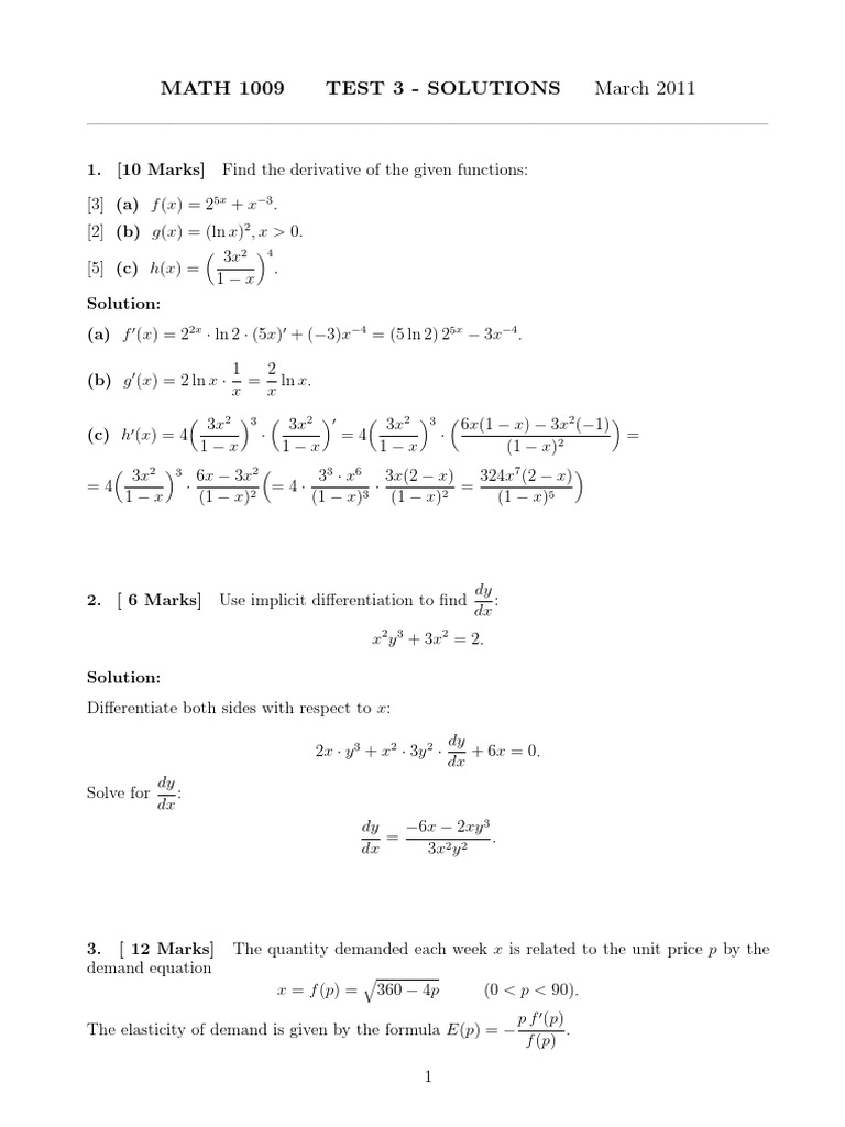 MATH 1009 Test 3 Solutions | PDF | Demand | Price Elasticity Of Demand