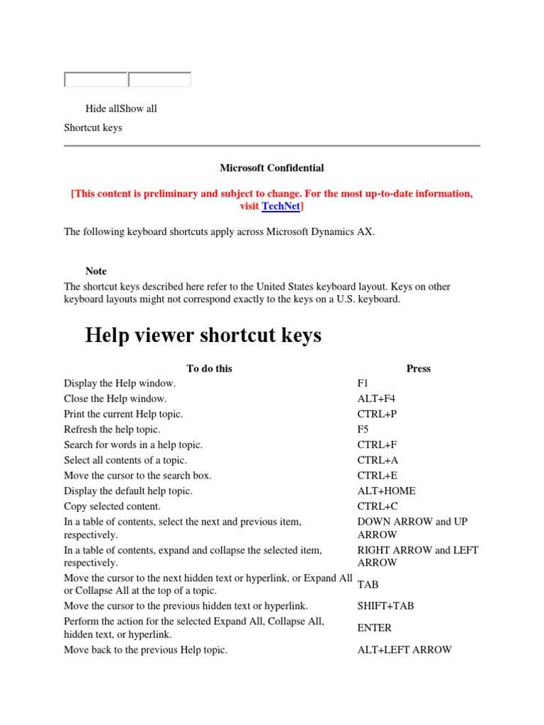 Help Viewer Shortcut Keys: Microsoft Confidential | PDF | Computer ...