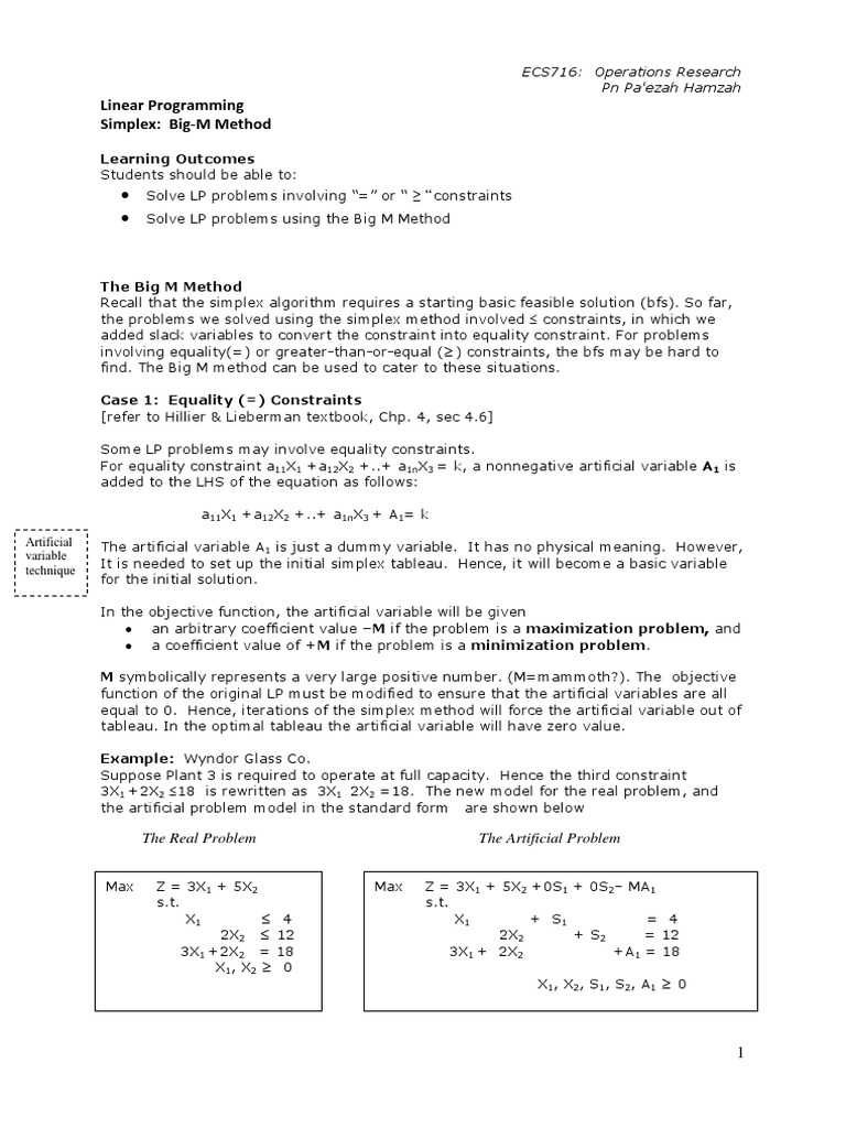 Linear Programming Simplex: Big-M Method: Learning Outcomes | PDF ...