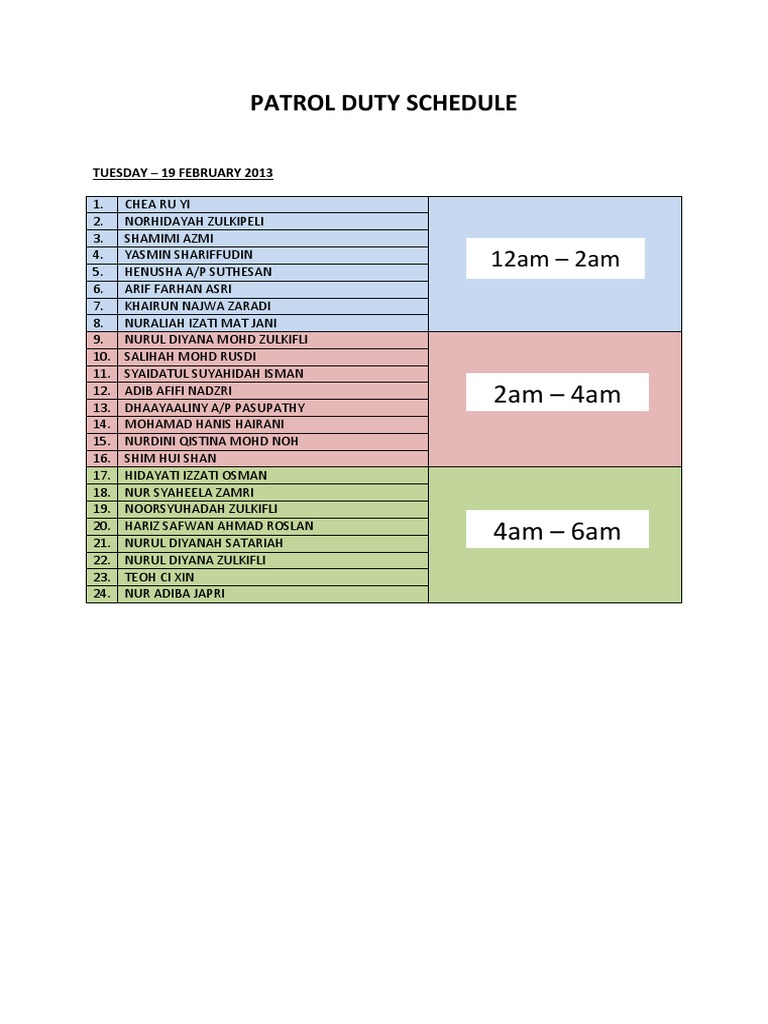 Patrol Duty Schedule Feb 2013 | PDF | Travel | Art