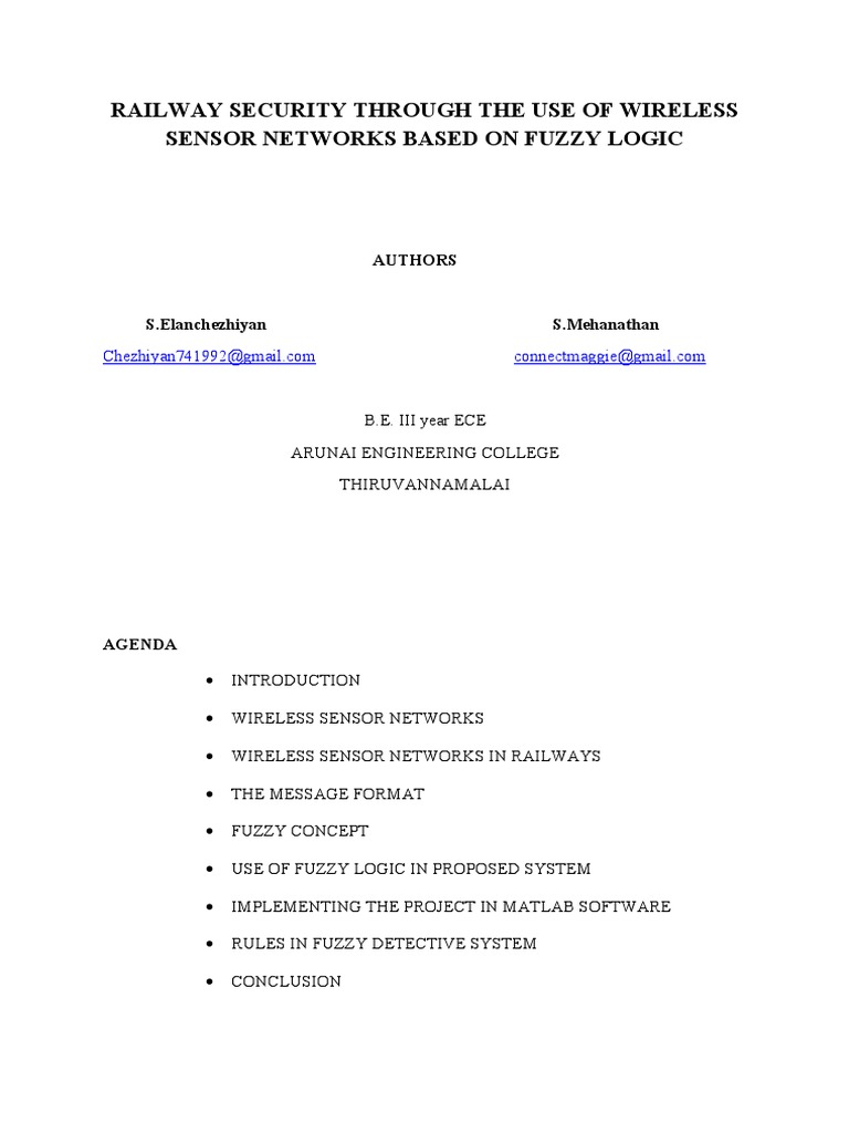 Railway Security Through The Use of Wireless Sensor Networks Based On Fuzzy Logic | PDF | Fuzzy ...
