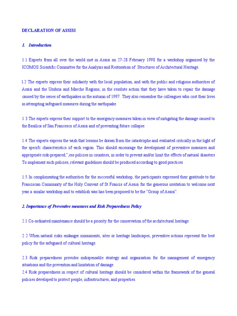 Assisi Declaration on Heritage Risk Management | PDF | Risk Assessment ...