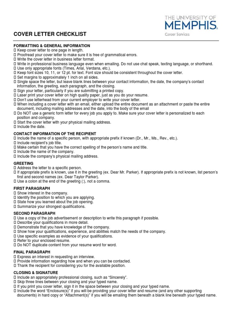 Cover Letter Checklist: Formatting & General Information | PDF