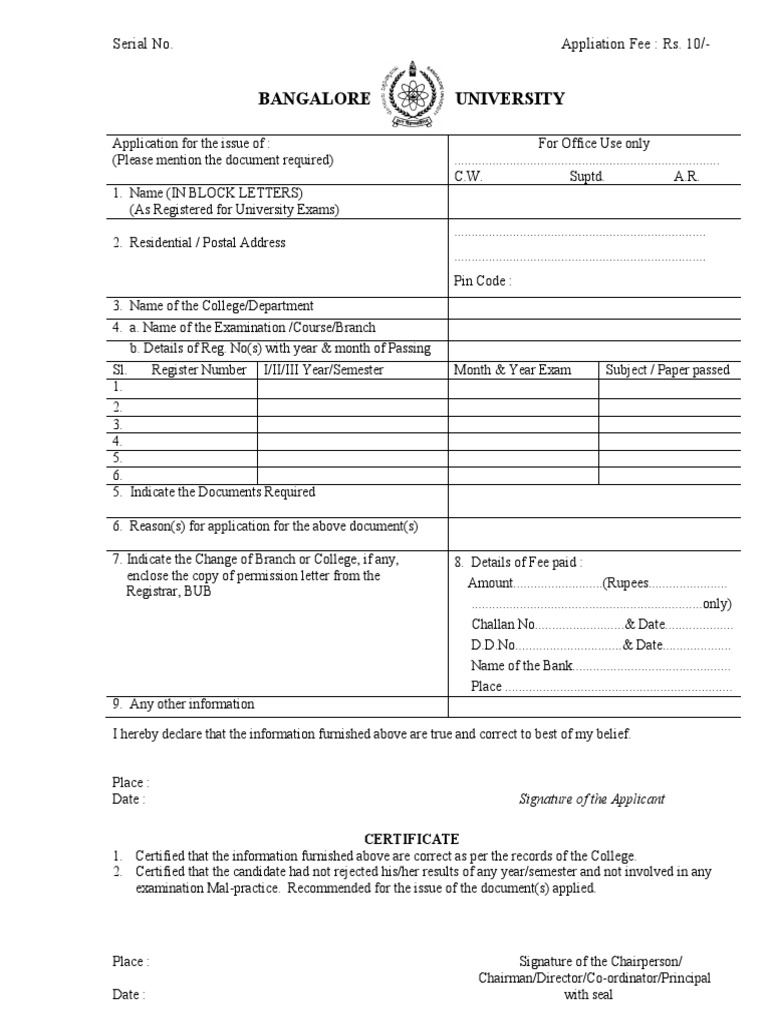 Bangalore University: Serial No. Appliation Fee: Rs. 10 | Download Free ...