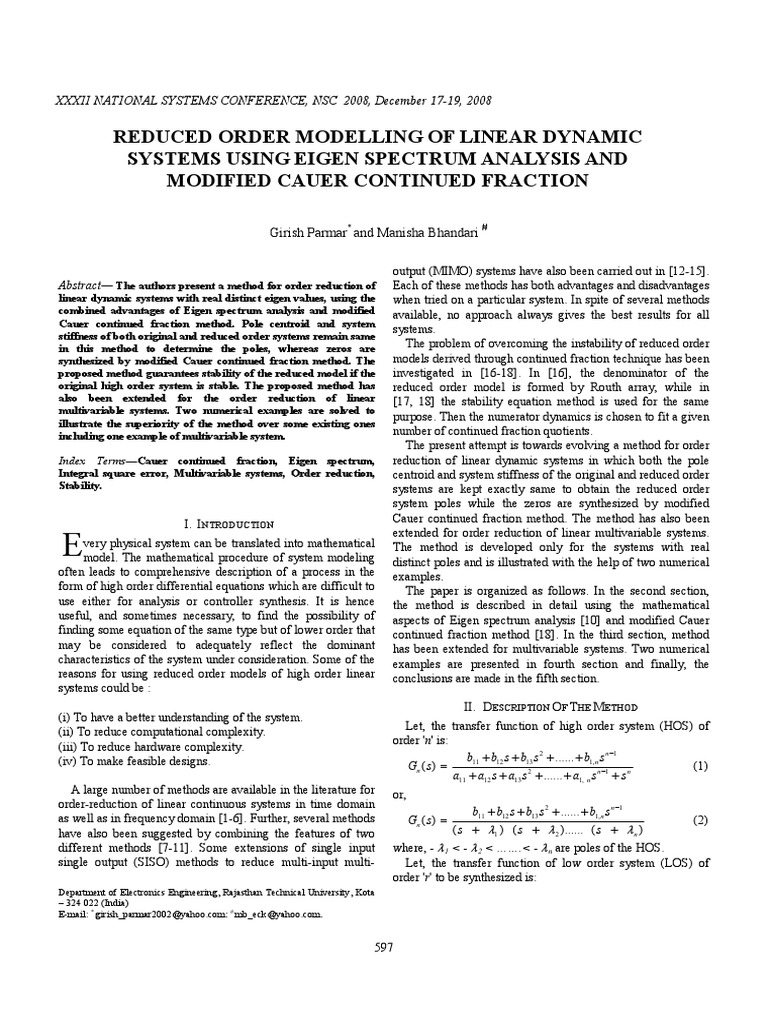 Reduced Order Modelling of Linear Dynamic Systems Using Eigen Spectrum Analysis and Modified ...