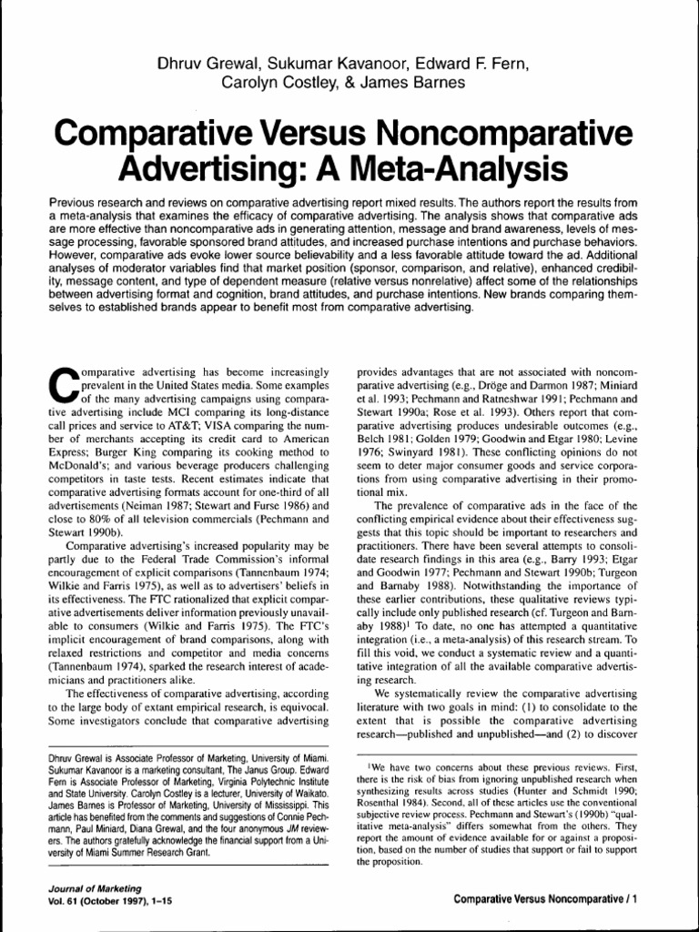 Comparative Versus Noncomparative Advertising: A Meta-Analysis | PDF ...