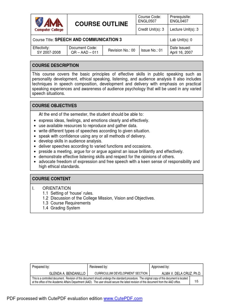 Speech and Communication Course Outline | PDF | Public Speaking | Audience
