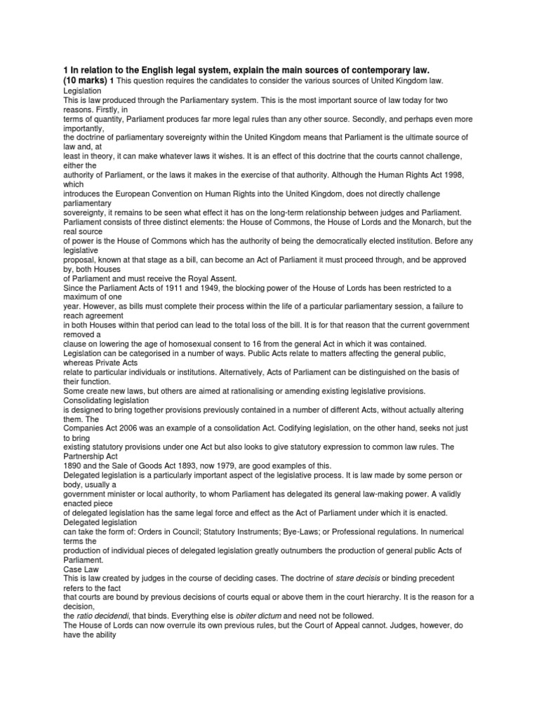 1 in Relation To The English Legal System, Explain The Main Sources of ...