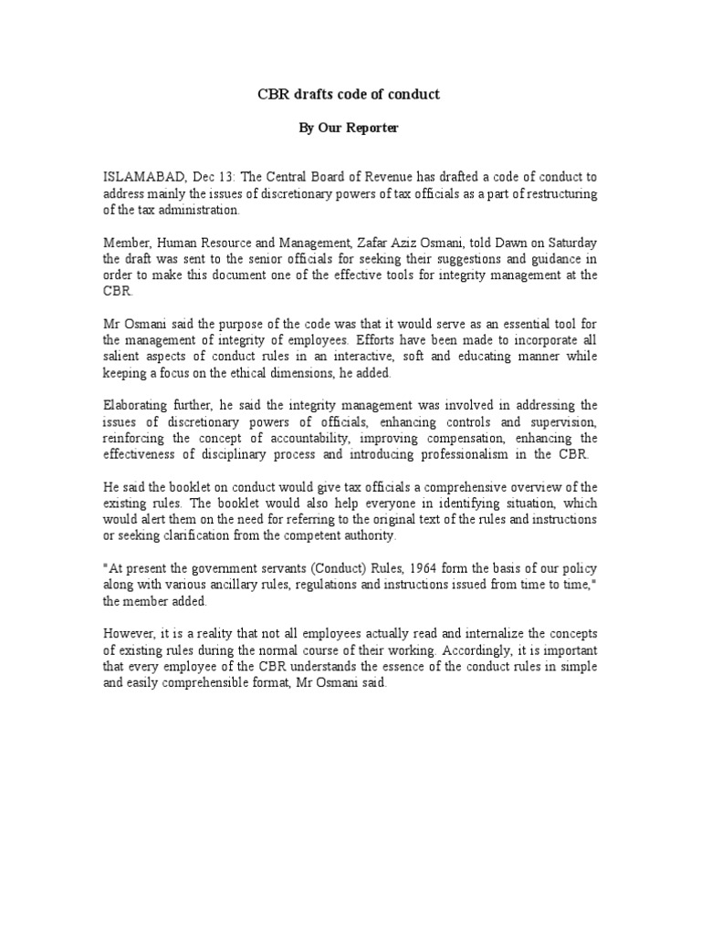 CBR Code of Conduct | PDF | Career & Growth | Finance & Money Management