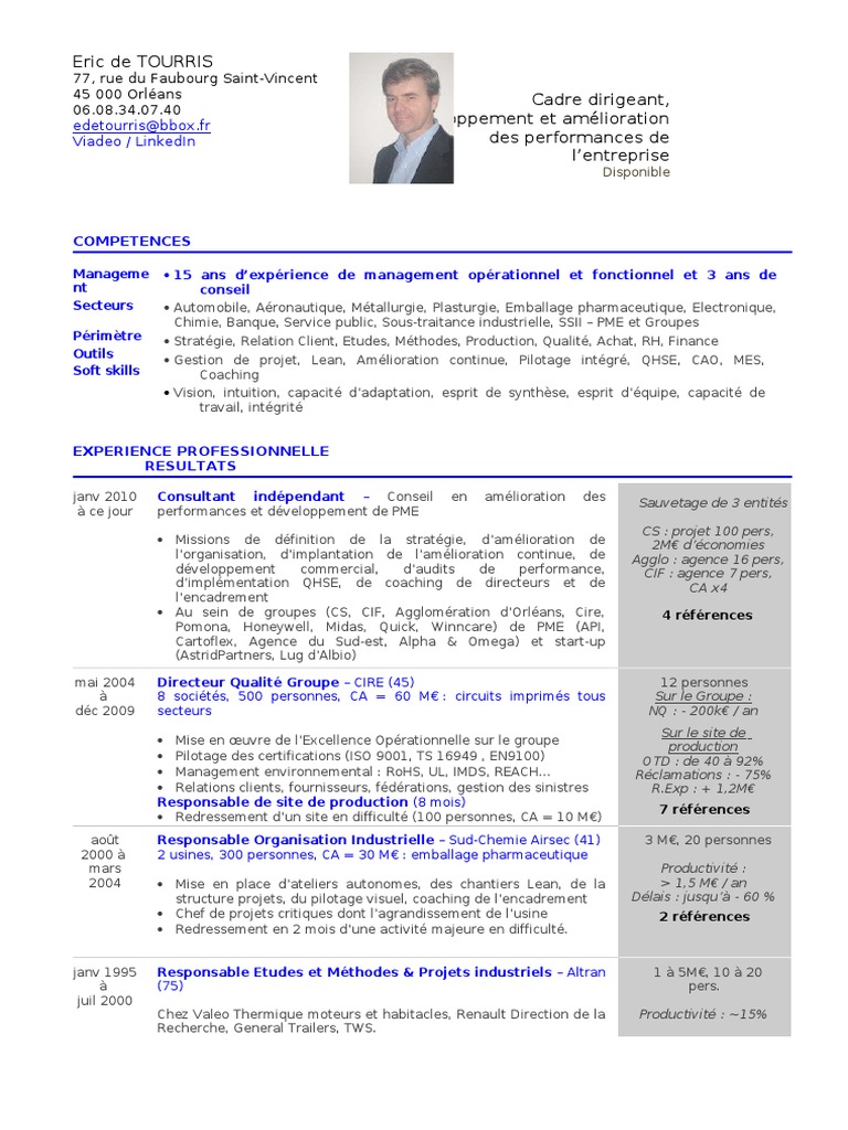 CV d'Eric de Tourris, Cadre Dirigeant | PDF | Consultant | Lean ...
