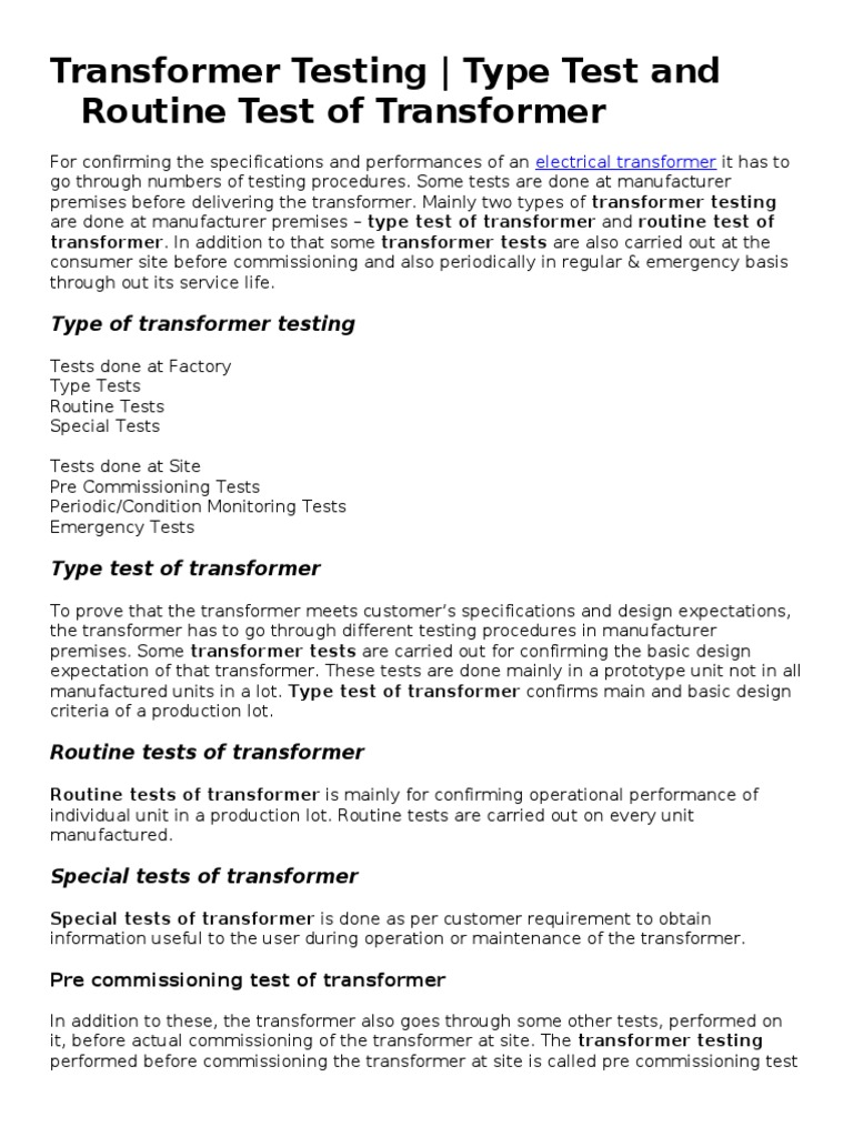 Transformer Testing - Type Test and Routine Test of Transformer ...