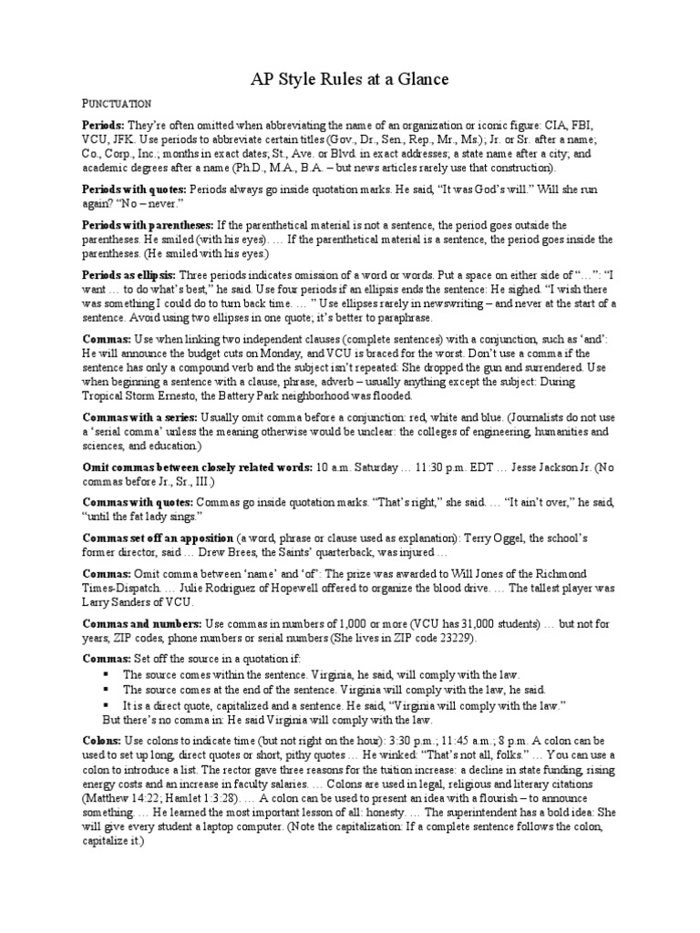 AP Style at A Glance Punctuation | PDF | Ellipsis | Comma