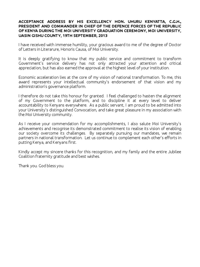 Acceptance Address by President Uhuru Kenyatta During The Moi ...