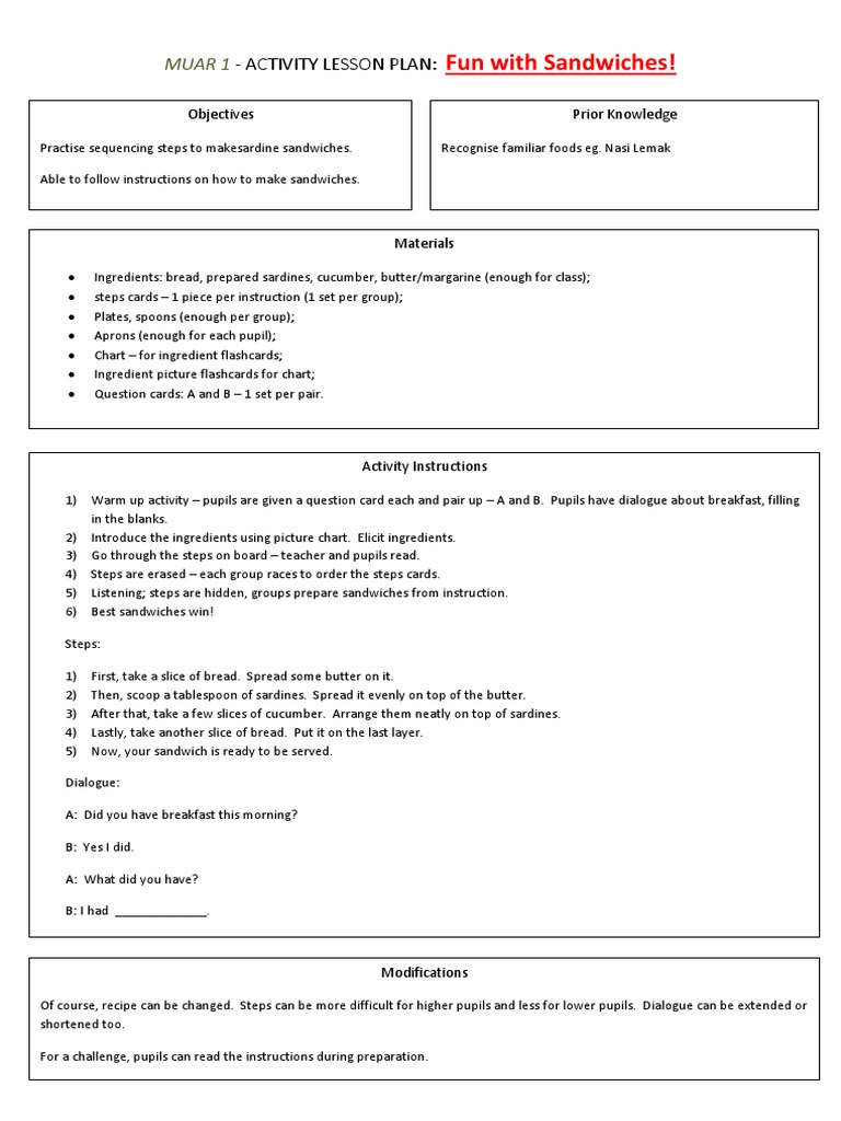 Activity Lesson Plan - Fun With Sandwiches | PDF | Eating Behaviors Of ...