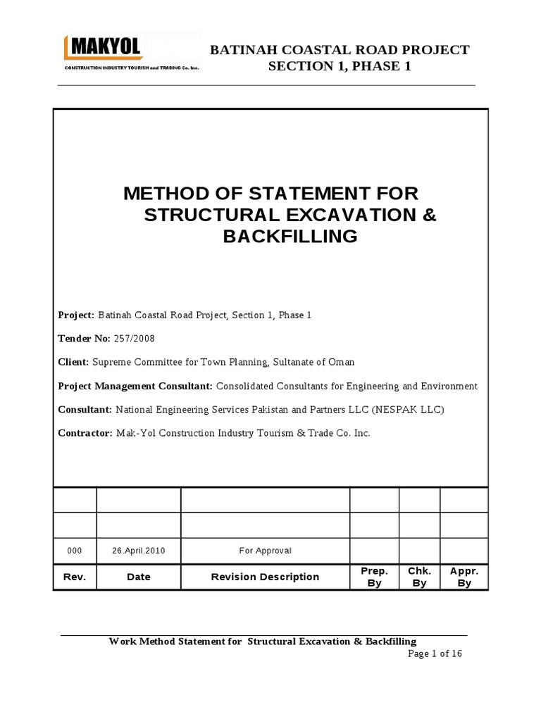 Method Statement Structural Excavation & Backfilling | PDF | Excavation ...