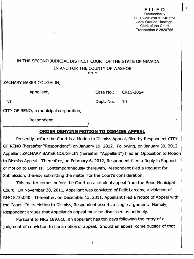 3 15 12 0204 22176 2064 Order Denying Motion to Dismiss Appeal Applying ...