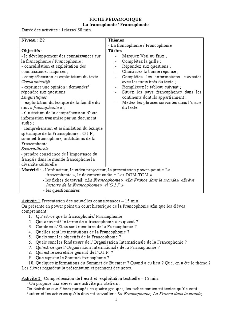 Fiche Pedagogique La Francophonie | PDF | la Francophonie | Langue ...