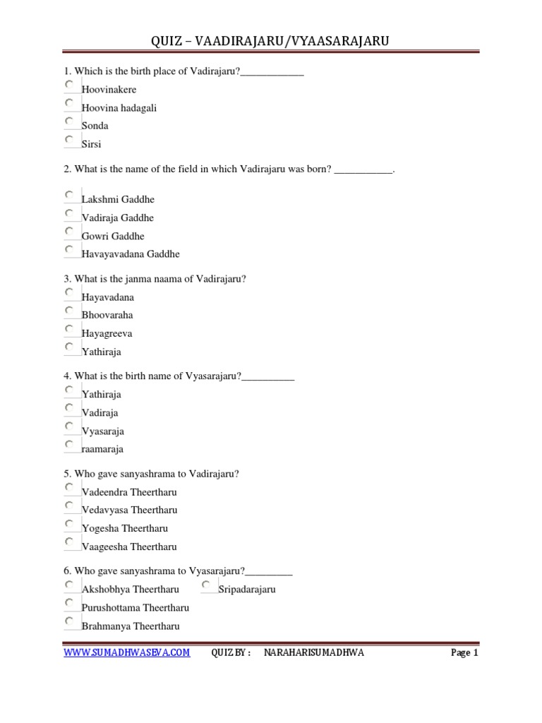 Vadirajaru-Vyasarajaru Quiz | PDF | Indian Religions | Theistic Indian ...