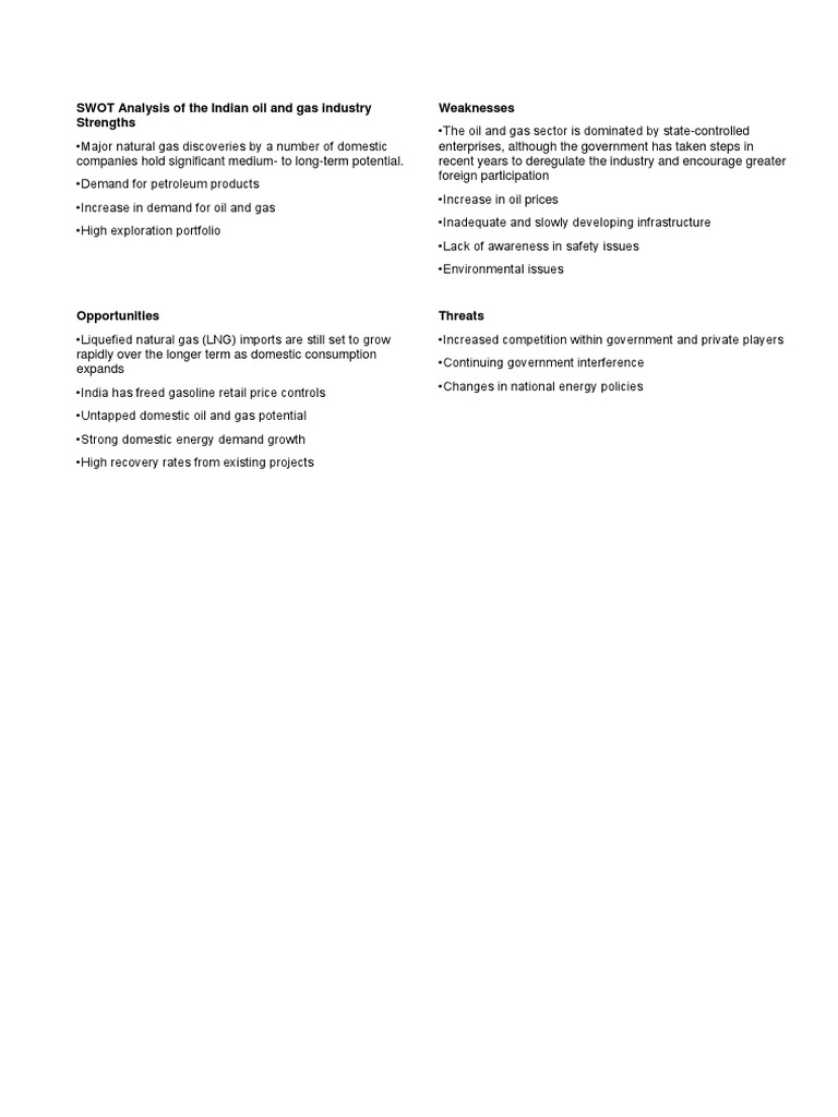 SWOT Analysis of The Indian Oil and Gas Industry Strengths Weaknesses ...