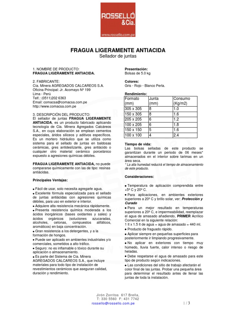 Ficha Técnica Fragua - Ligeramente - Antiacida | PDF | Agua ...