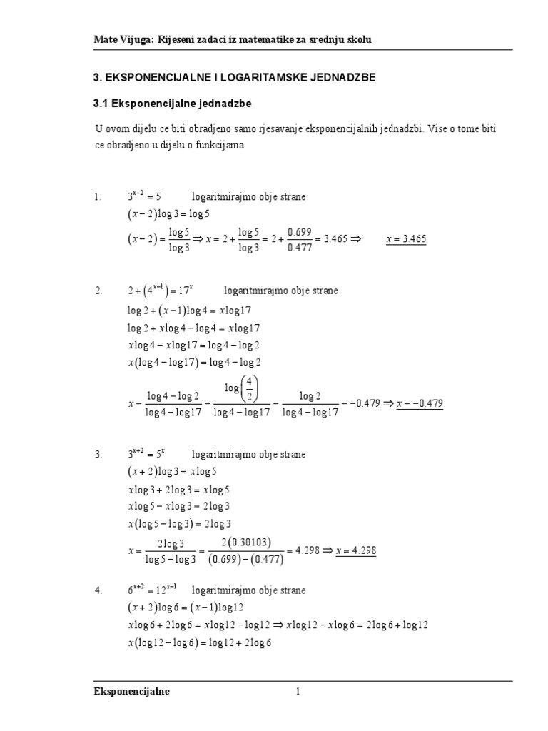Eksponencijalne Logaritamske Jednadzbe | PDF