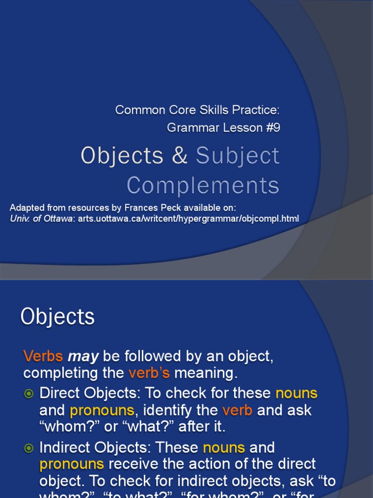 Lesson 9 - Objects and Subject Complements | PDF