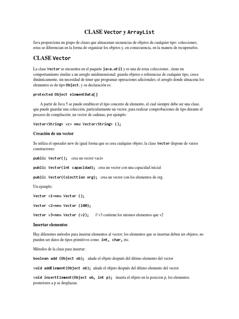 Uso de Vector y ArrayList en Java | PDF | Estructura de datos de matriz | Java (lenguaje de ...