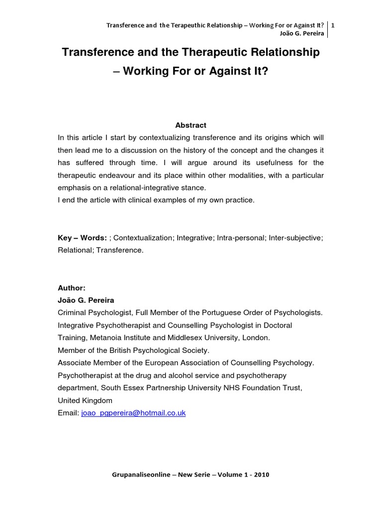 Transference and The Therapeutic Relationship Working For or Against It ...