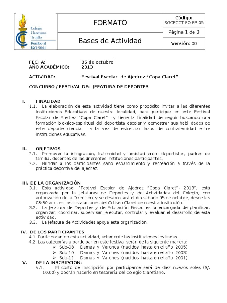 Bases Festival de Ajedrez | PDF | Juegos tradicionales | Ajedrez