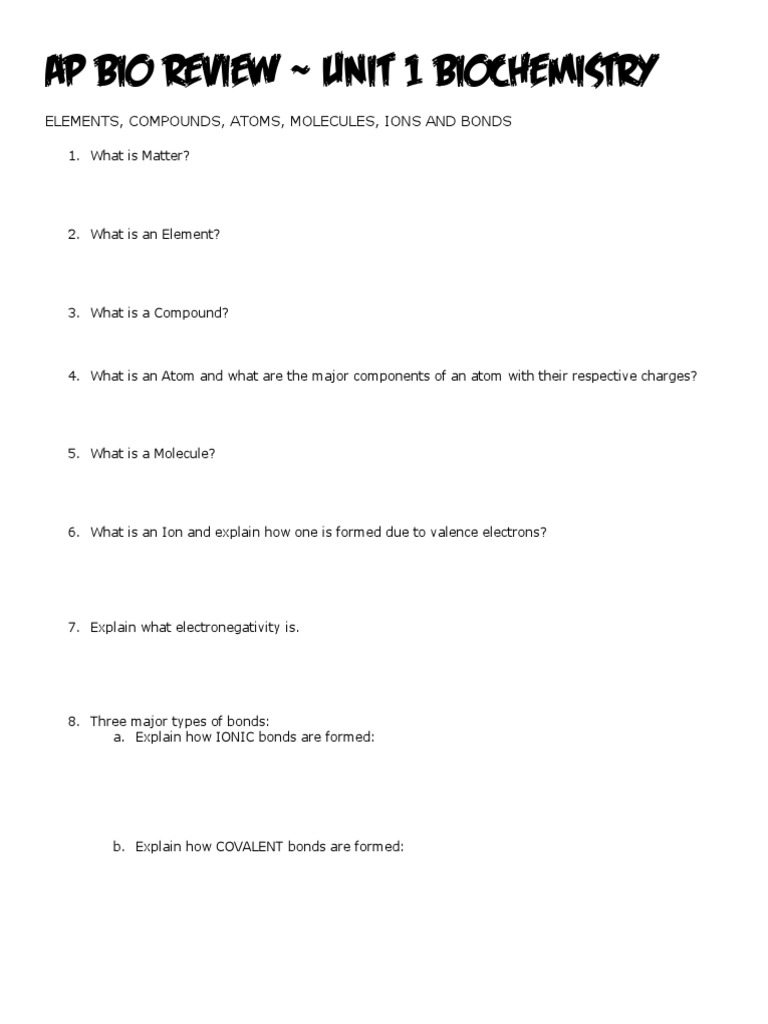 AP Bio Unit 1: Biochemistry Review | PDF | Functional Group | Chemical ...