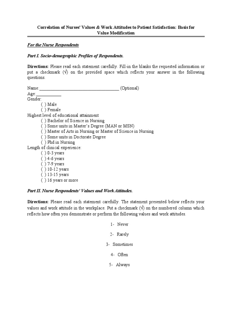 Nurse Values Questionnaire | PDF | Nursing | Patient