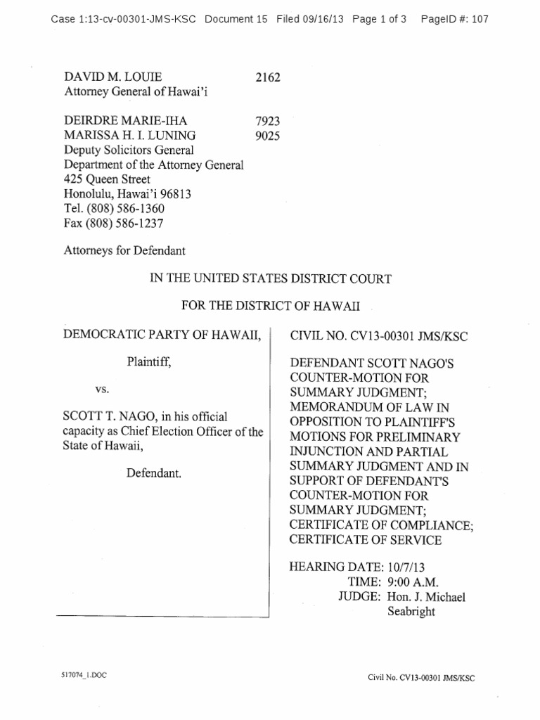 Defendant Scott Nago's Counter-Motion for Summary Judgment; Memorandum of Law in Opposition to ...