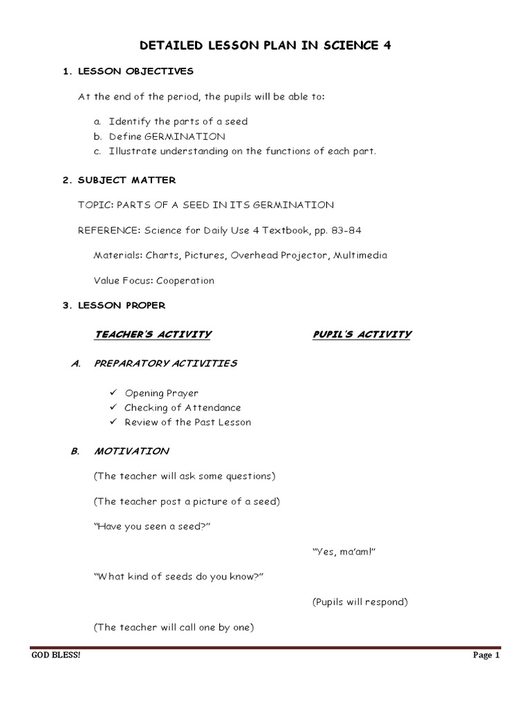 Detailed Lesson Plan in Science 4 (Parts of A Seed) | PDF | Seed ...