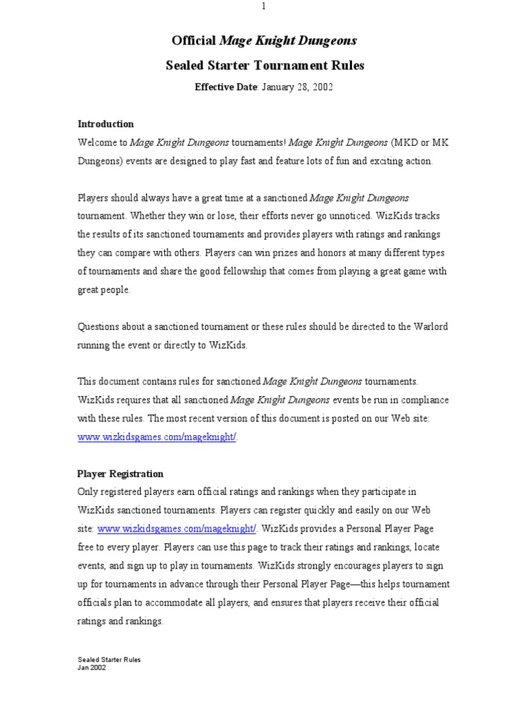 Mage Knight Dungeons - Updated Sealed Starter Tournament Rules Jan 2002 ...