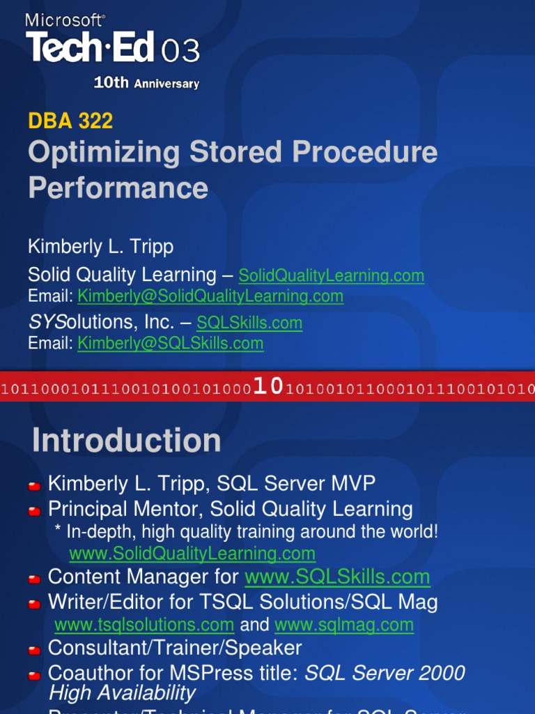 Optimizing Stored Procedure Performance: Kimberly L. Tripp Solid Quality Learning | PDF ...